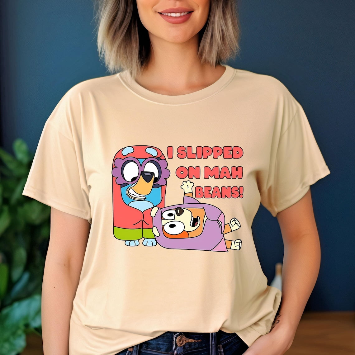 Bluey I Slipped On Mah Beans T-Shirt, Blue Dog Adult Shirt, Blue Shirt ...