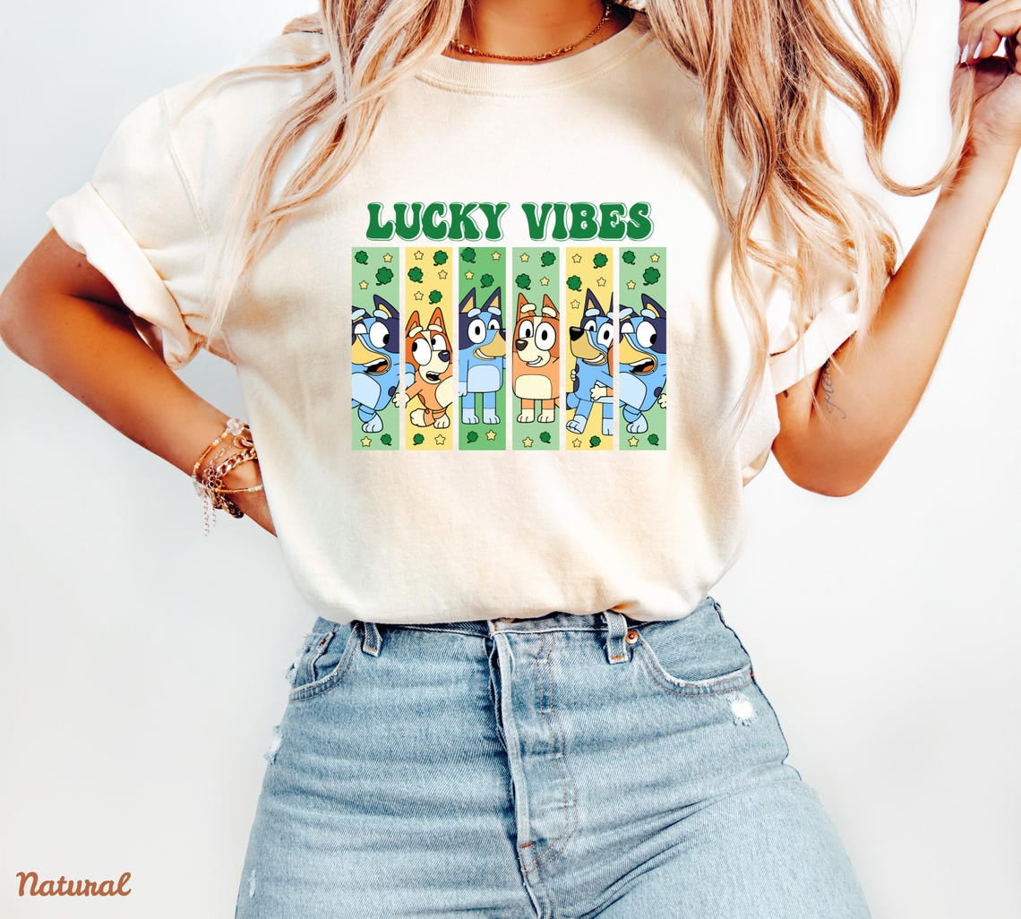 Bluey Lucky Vibes Shirt, St. Patrick’s Day Design, Shamrock, Unisex S-5XL Hot Trending Shirt ...