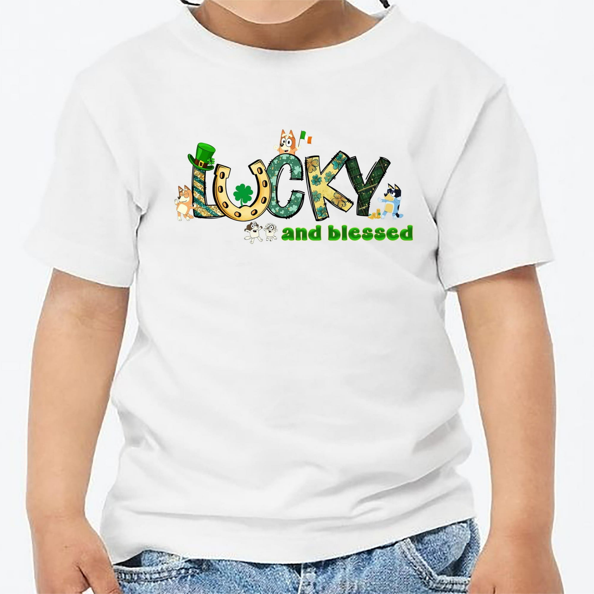 Bluey Lucky and Blessed, Four Leaf Clover Print, Holiday Wear, Bella Canvas Toddler Shirt ...