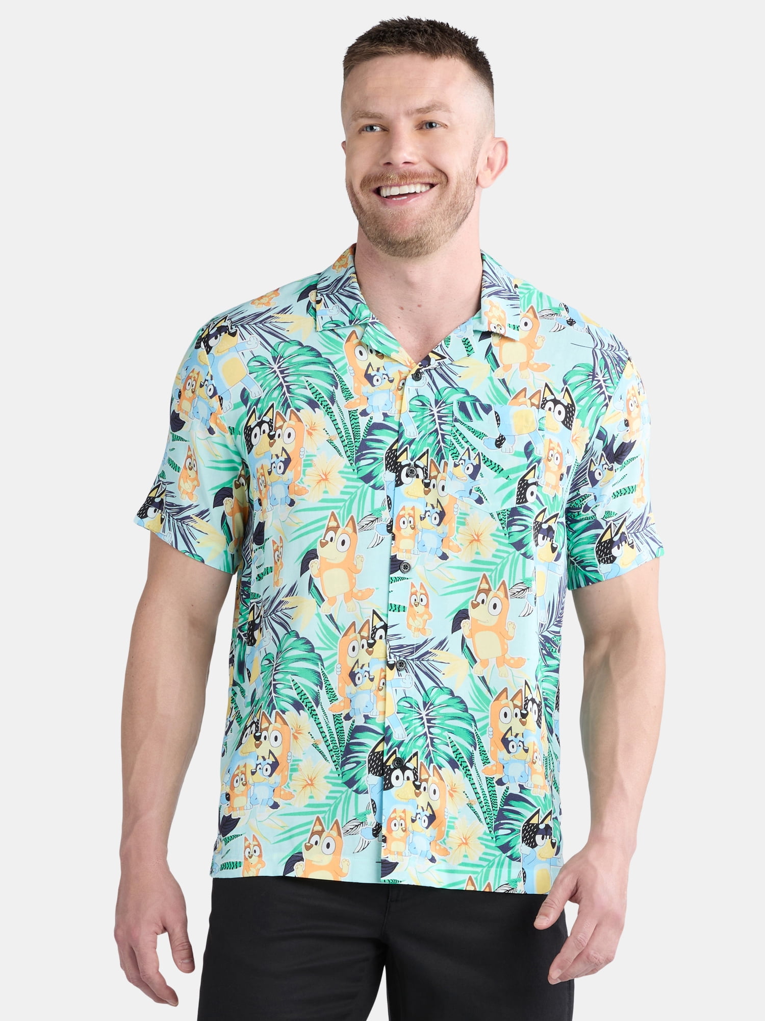 Bluey Men's Hawaiian Print Button-Up Shirt with Short Sleeves, Sizes XS ...