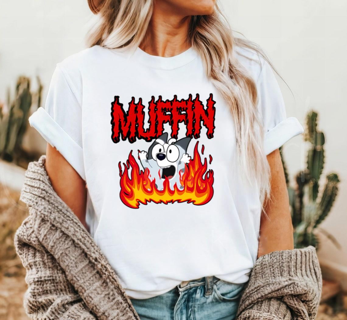 Bluey Muffin On Fire White Shirt | Muffin Heeler Heavy Metal Shirt ...
