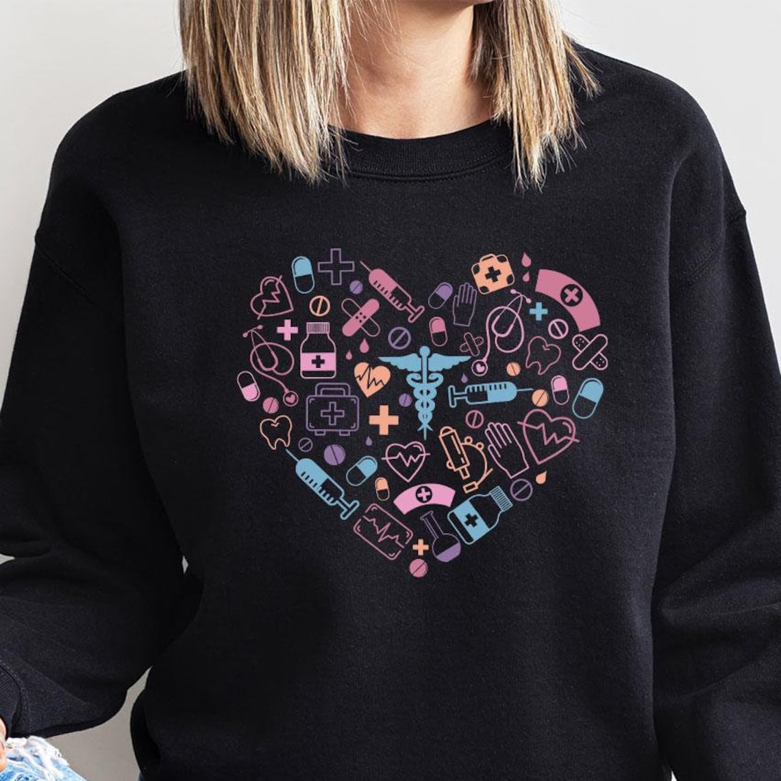 Bluey Nurse Heart Graphic Sweatshirt, Medical Heart Design Longsleeve ...