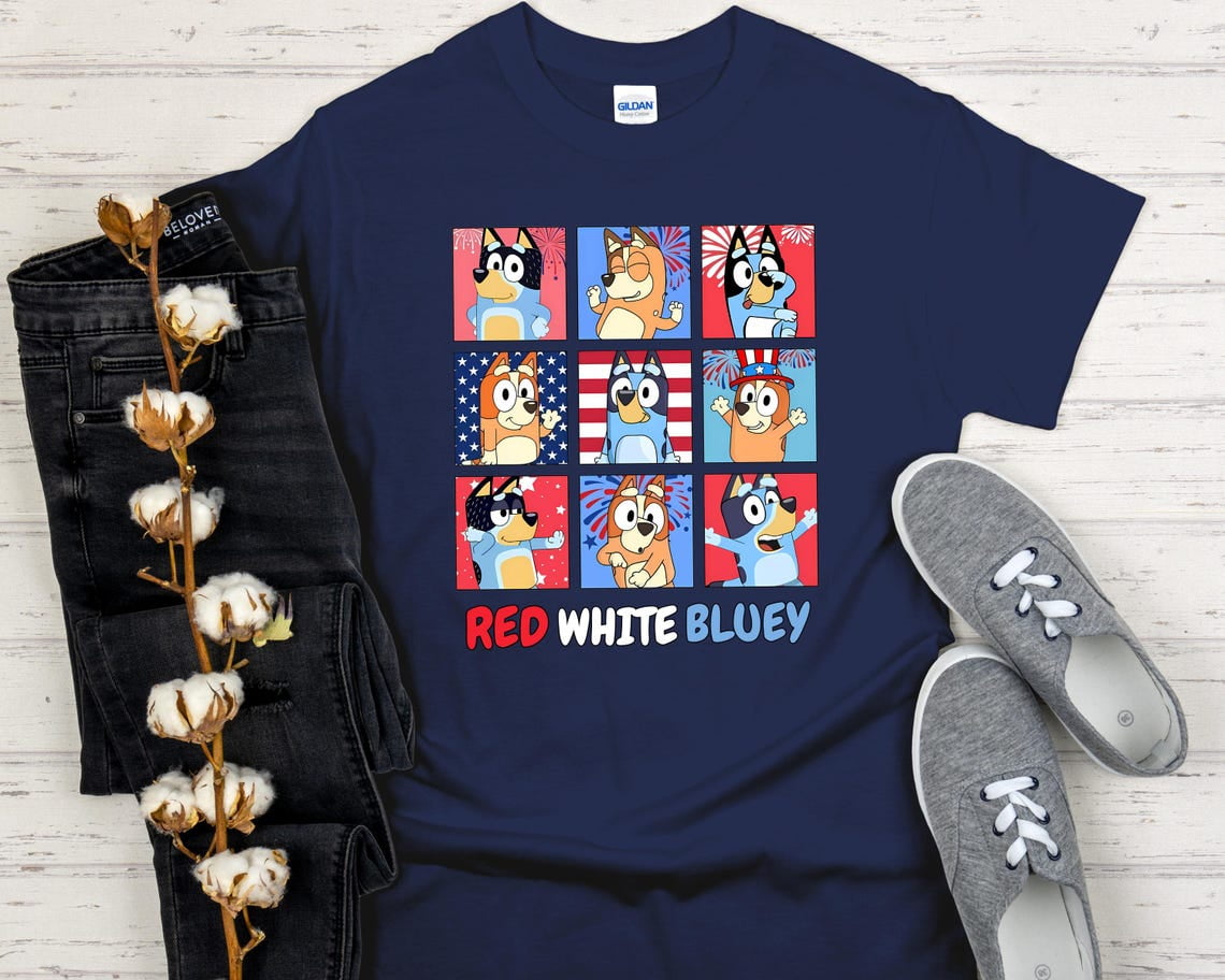 Bluey Red White Bluey Shirt, Patriotic Bluey Cartoon Tee, 4Th Of July T ...