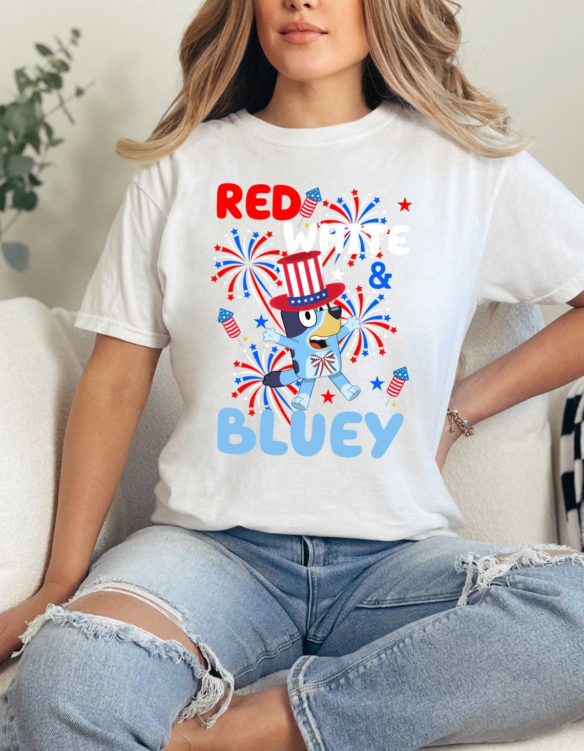 Bluey Red White & Bluey T-Shirt, Fourth Of July Theme, Unisex S-5XL Hot ...