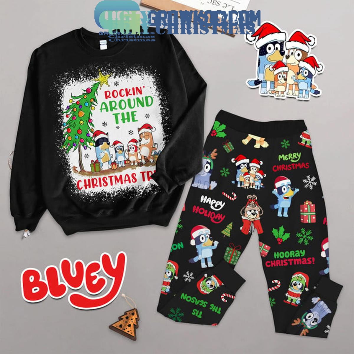 Bluey Rockin& 8217 Around Christmas Tree 2024 Fleece Pajamas Set Long ...