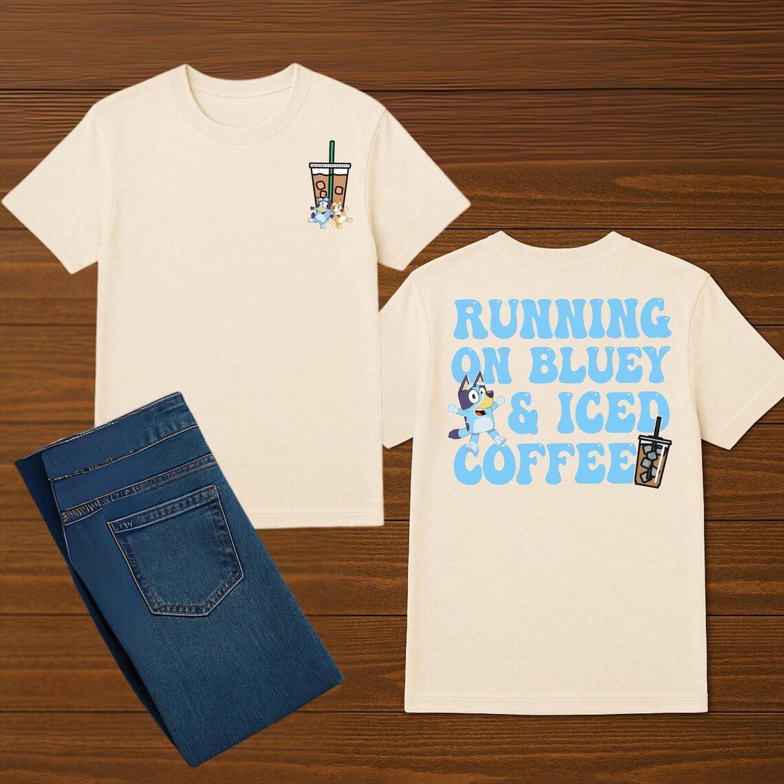 Bluey Running On Bluey & Iced Coffee Shirt Mom Life Tee For Bluey Fans ...