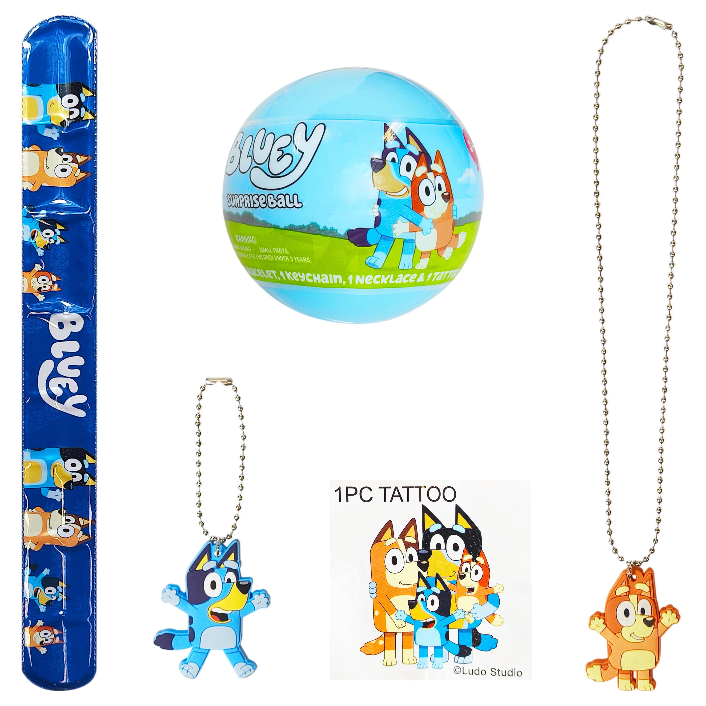 Bluey Surprise Ball with a bracelet, keychain, necklace, and tattoo ...