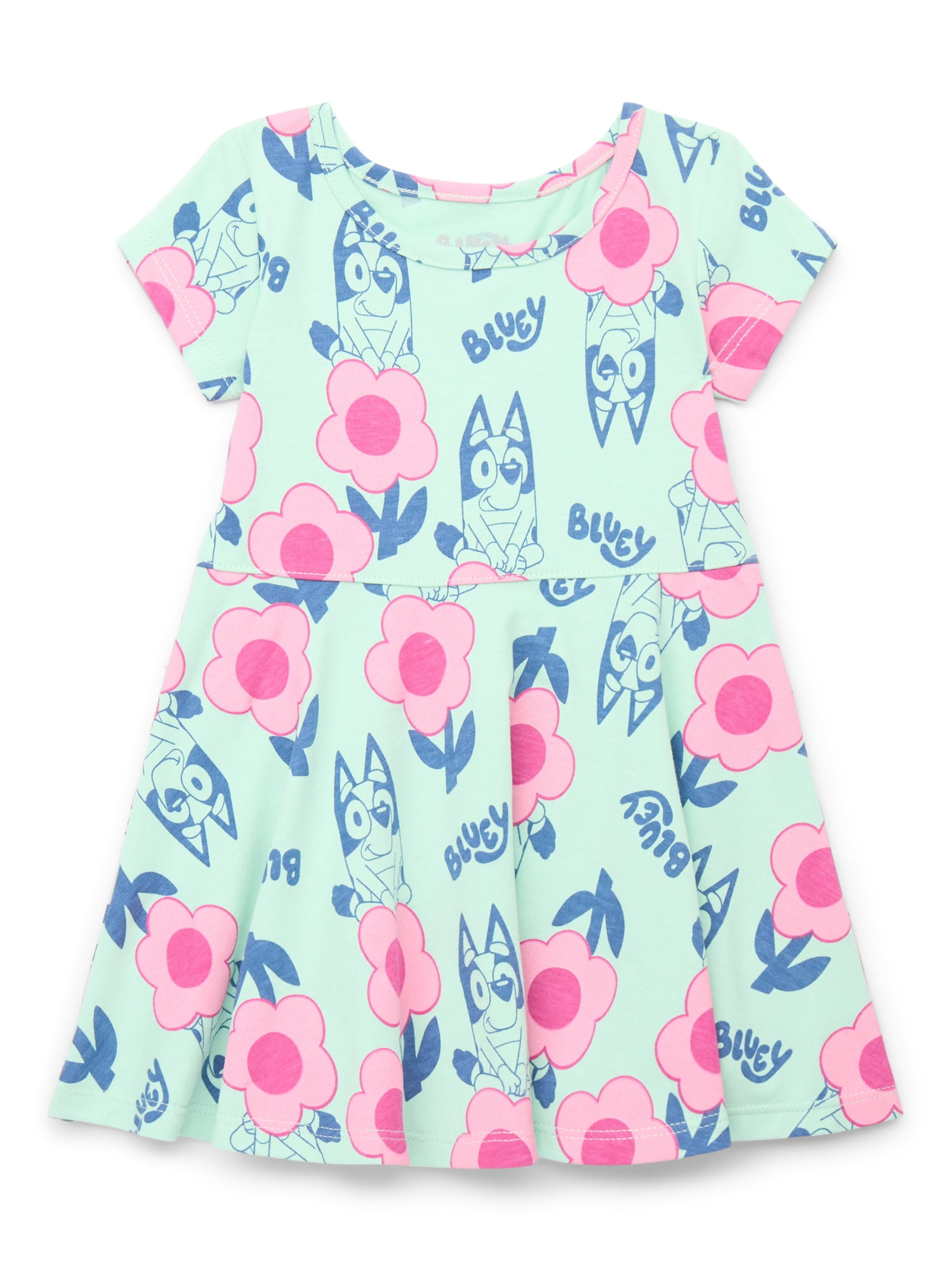 Bluey Toddler Girl Flower Print Dress with Short Sleeves, Sizes 12M-5T ...