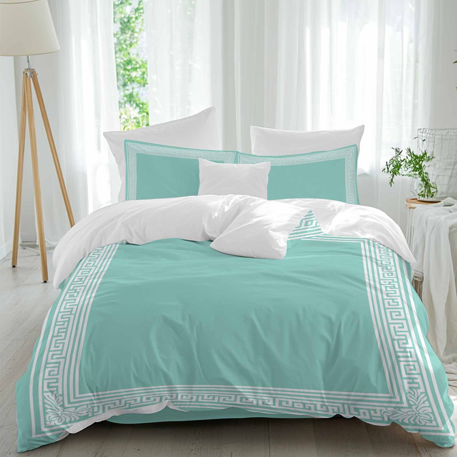 Bluish Green Abstract Art Queen Duvet Cover Set, Geometric Greek Key ...