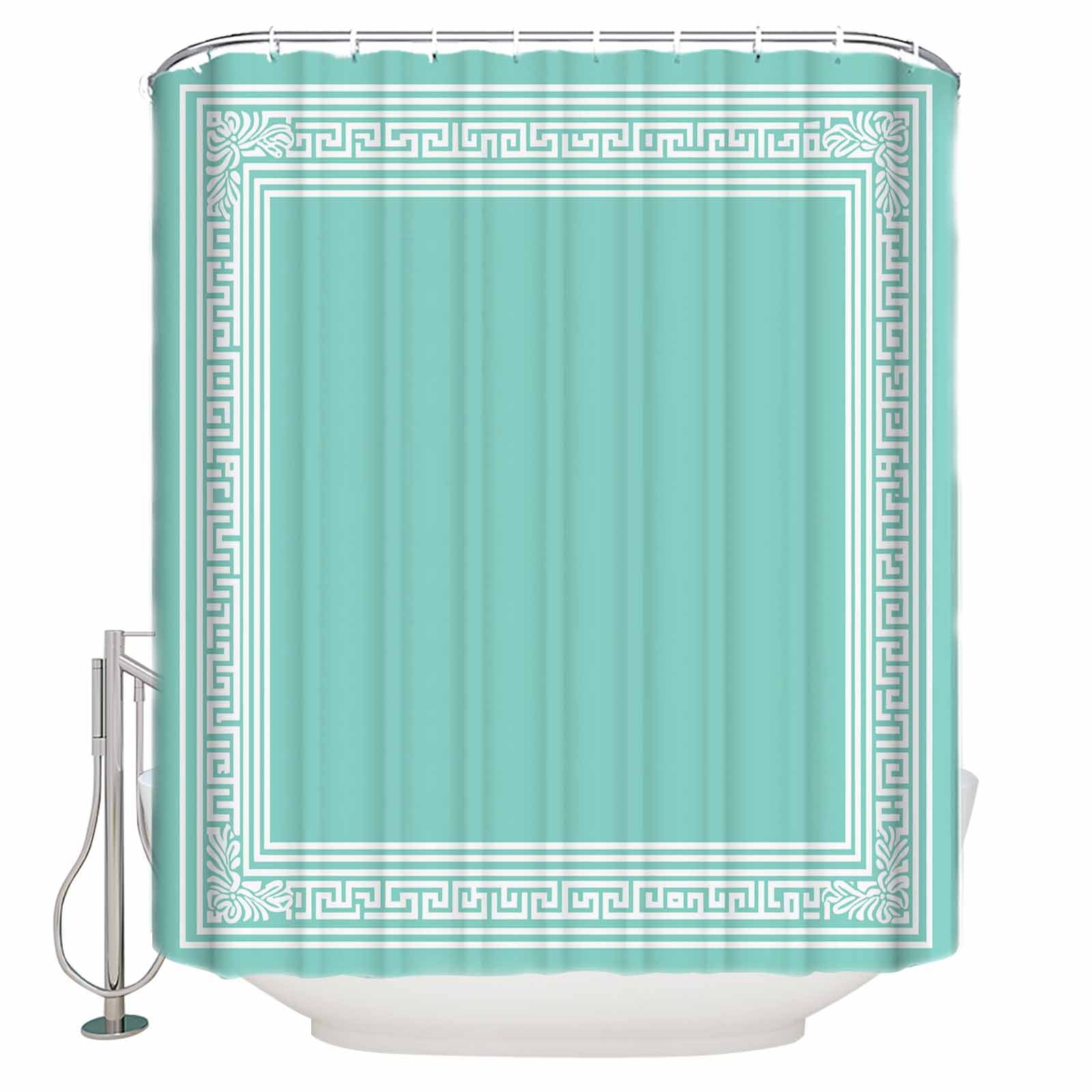Bluish Green Greek Key Bathroom Shower Curtains with 12 Hooks Polyester ...
