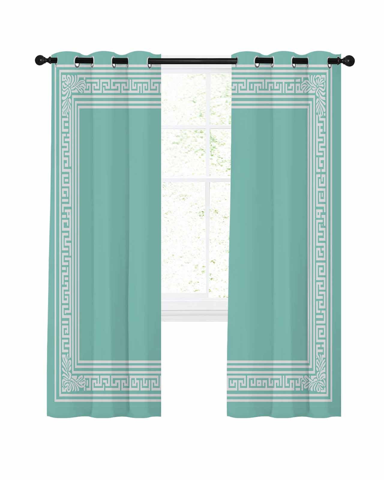 Bluish Green Greek Key Blackout Curtains, Light Blocking Print Window ...