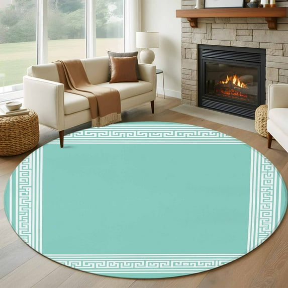 Bluish Green Greek Key Round Rug 5ft Washable Circle Kitchen Rugs Non ...
