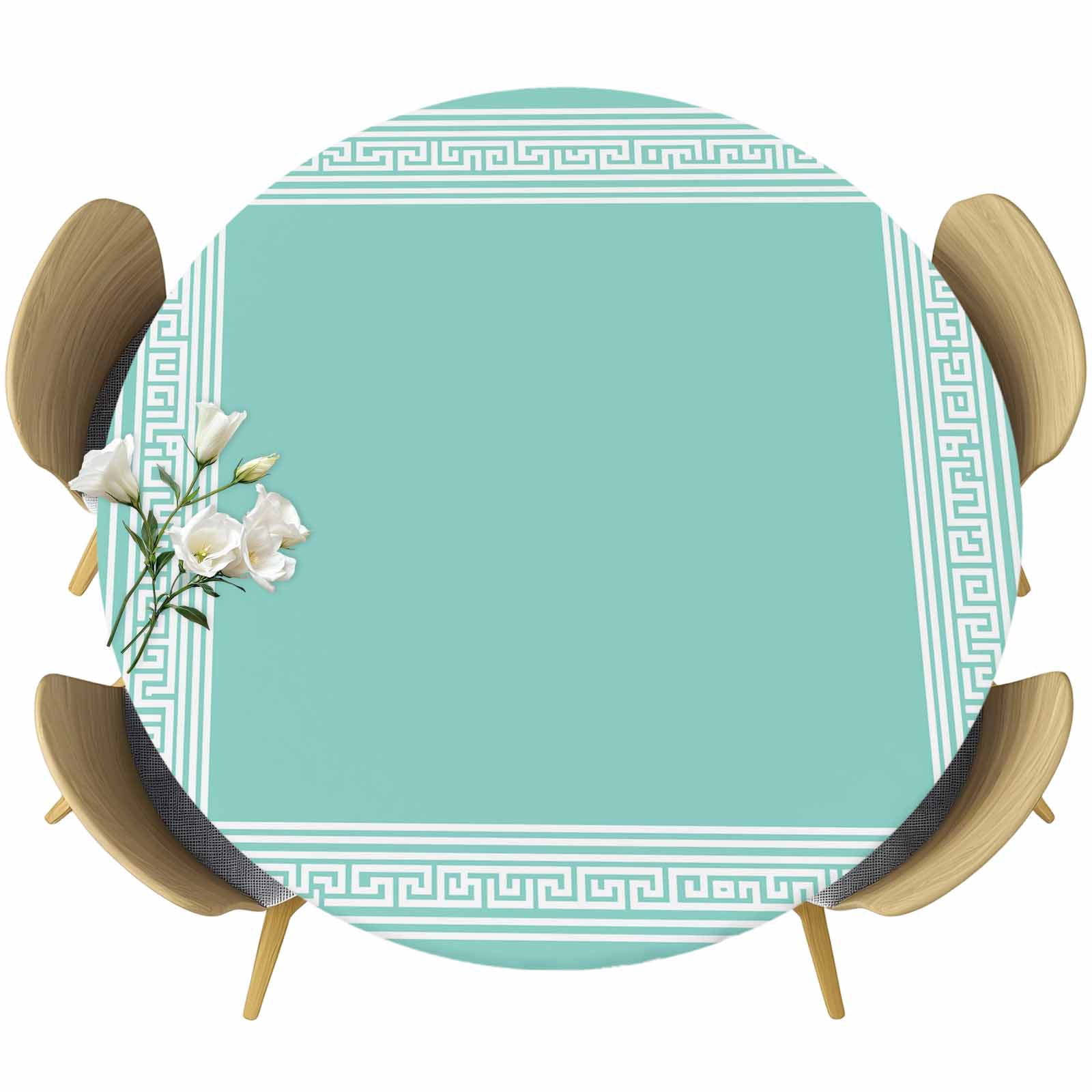 Bluish Green Greek Key Round Tablecloth, Fitted Table Cover with ...