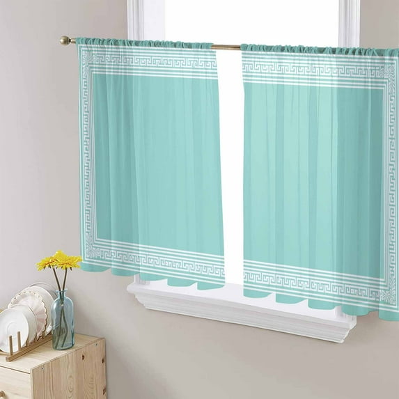 Bluish Green Greek Key Sheer Curtains 54 Inches Length 2 Panels Set ...