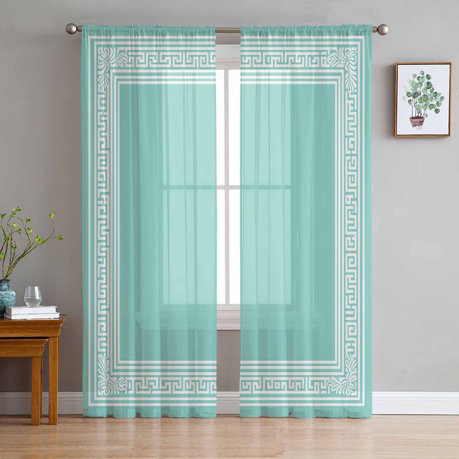 Bluish Green Greek Key Sheer Curtains 63 Inch Length 2 Panels Set, Semi ...