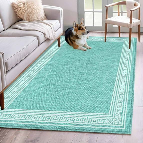 Bluish Green Retro Greek Key Area Rug 3x5 Washable Rug Non Slip Greece ...
