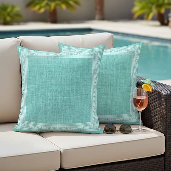 Bluish Green Retro Greek Key Outdoor Pillow Covers 18x18 Inch Throw ...