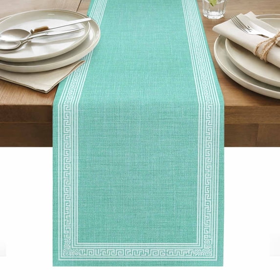 Bluish Green Retro Greek Key Table Runner - 70 Inch Long, Kitchen ...