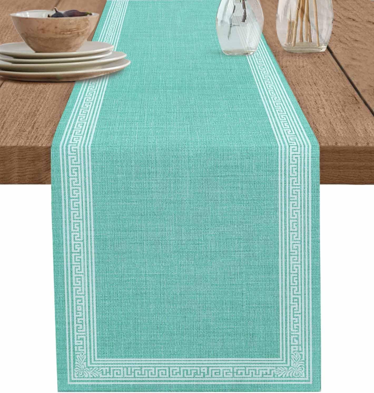 Bluish Green Retro Greek Key Table Runners 90 Inches Long, Cotton Linen ...