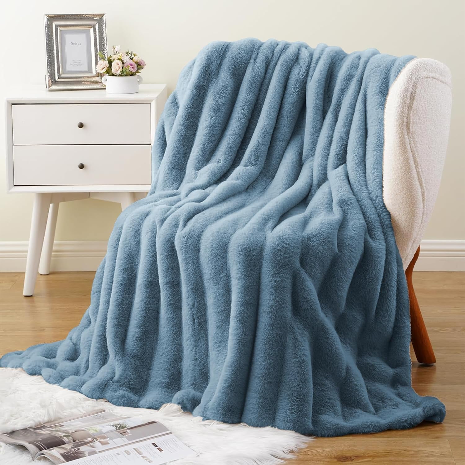 Bluish Grey Faux Throw Blanket, Blue Blanket for Bed, Couch, Soft Cozy ...