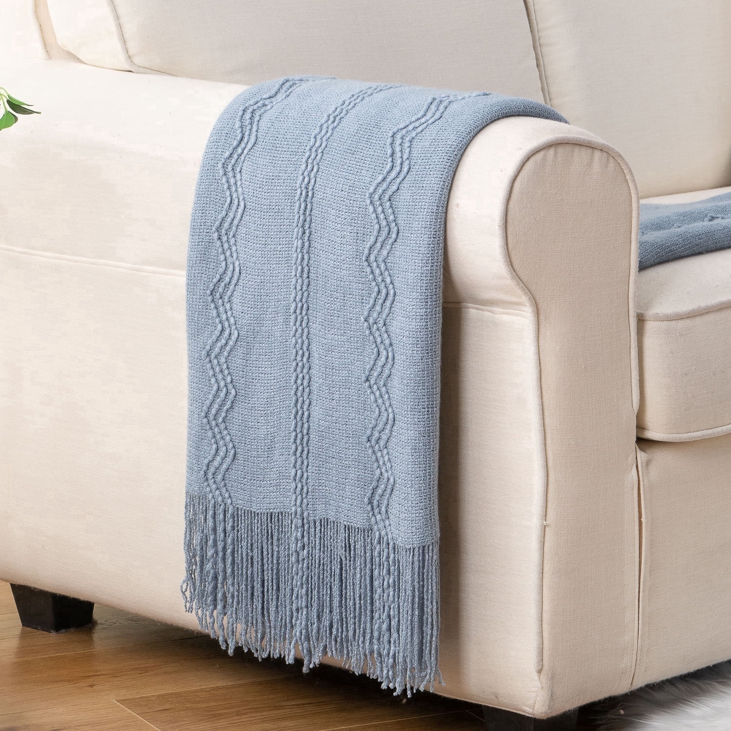 Battilo Home, Throw Blanket, 50"x60", Bluish Grey Knit with Tassels ...