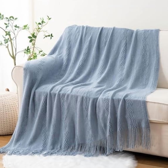 Bluish Grey Throw Blanket for Couch, Soft Knit Throws with Tassels for ...