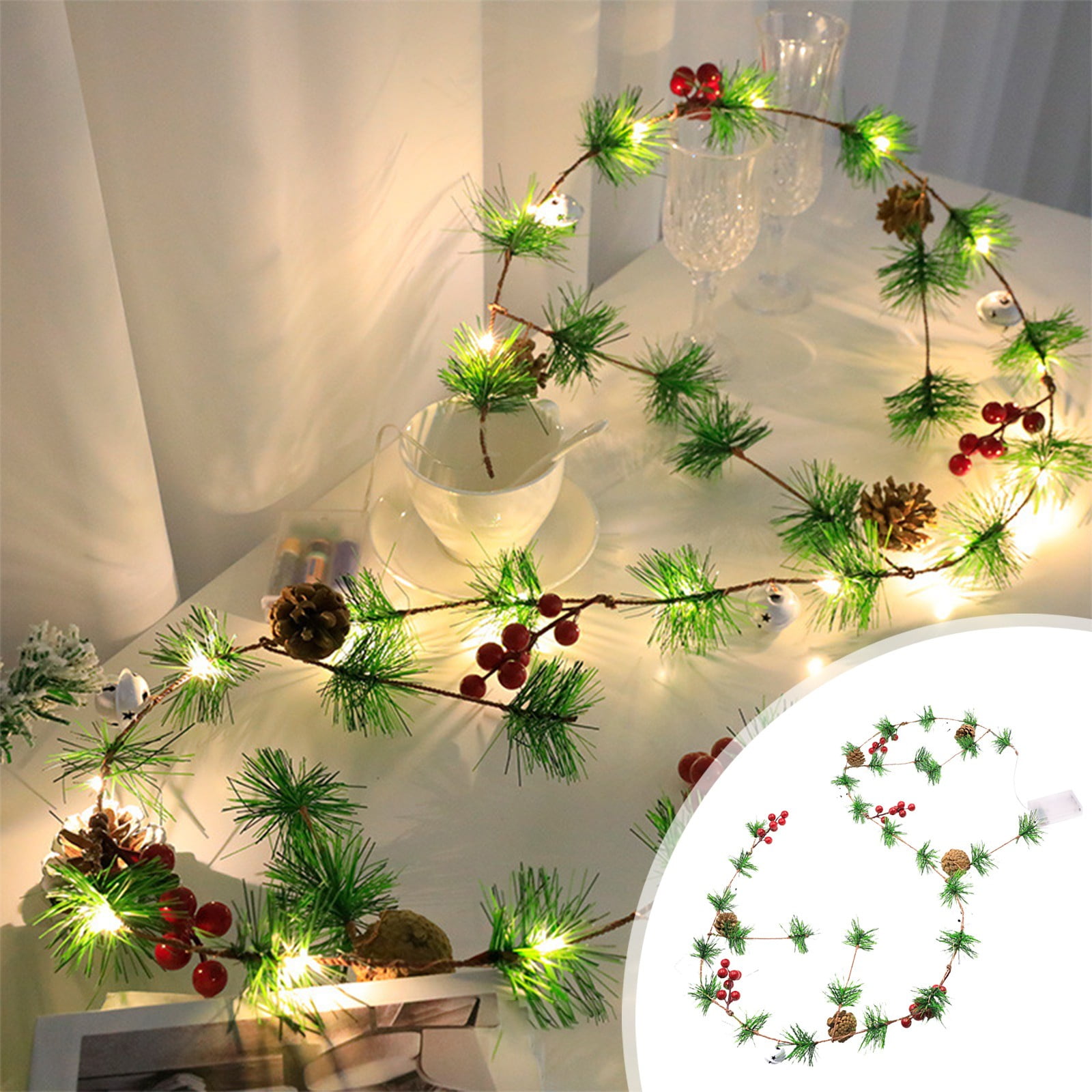 Blukids 7.8ft Lighted Christmas Garland - LED Red Berry Pine Cone ...
