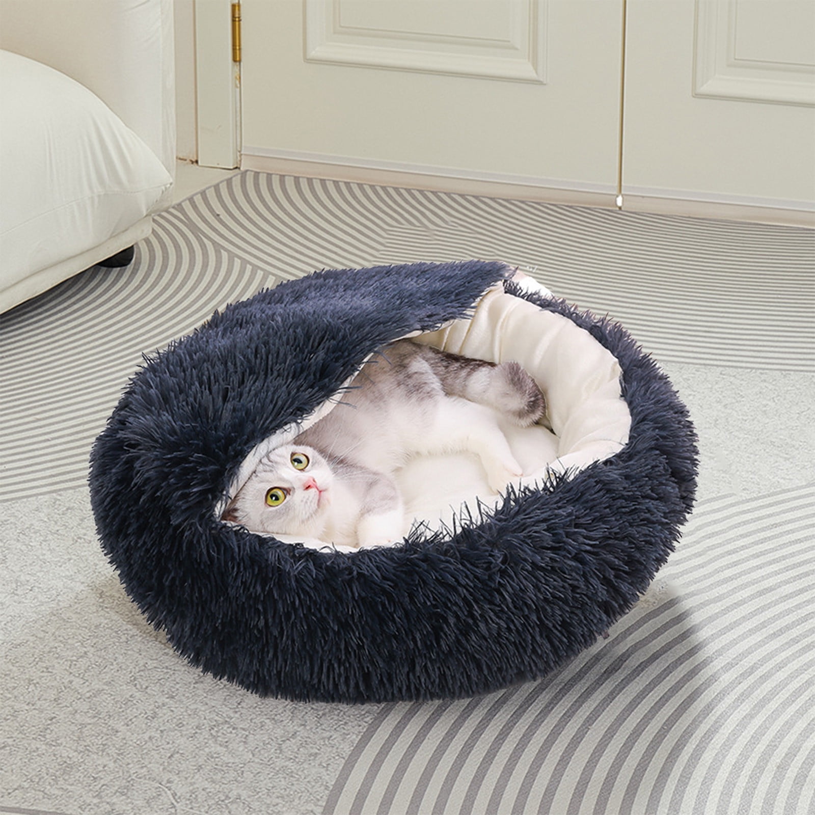 Blukids Cat Bed Round Plush Fluffy Hooded Calming Cat Bed Cave for Dogs ...