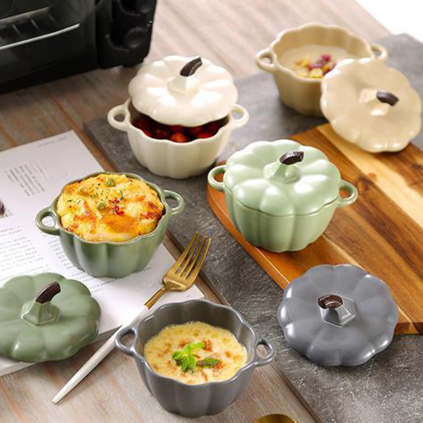 Blukids Dutch Oven Pot with Lid, Pumpkin Pottery Dessert Saucepan, Mini ...