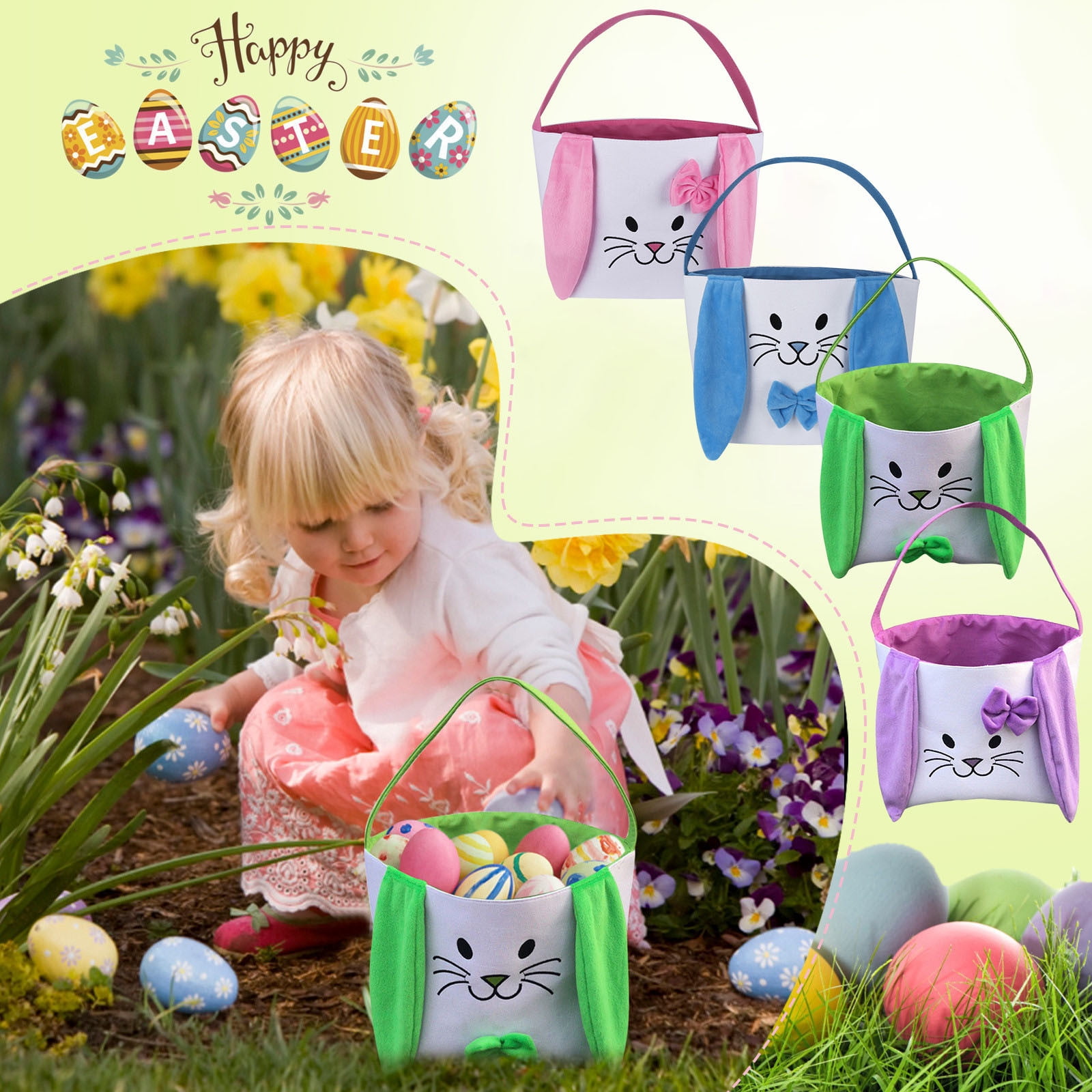 Blukids Easter Bunny Basket for Kids- Canvas Cotton Carrying Gift and ...