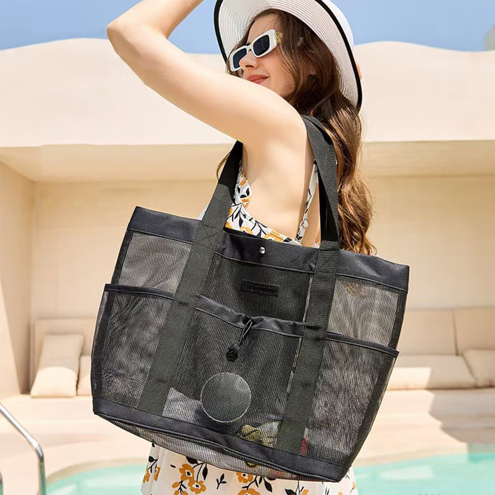 Blukids Mesh Beach Bag, Large Beach Tote with Zipper Pocket for Family ...