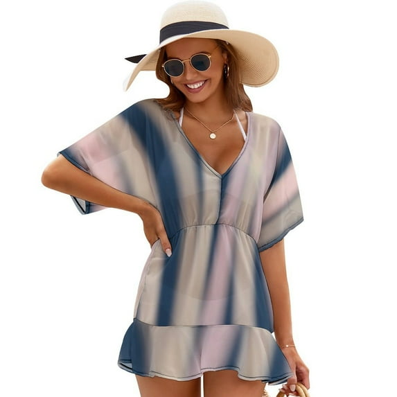 Blurred Pastel Vertical Lines Art Beach Cover Ups Women V Neck Short ...