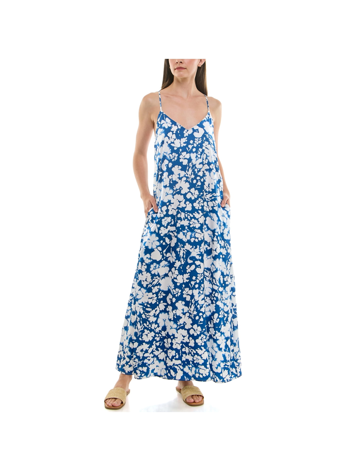 Blurred floral print, full sweeping, satin maxi slip dress with built ...