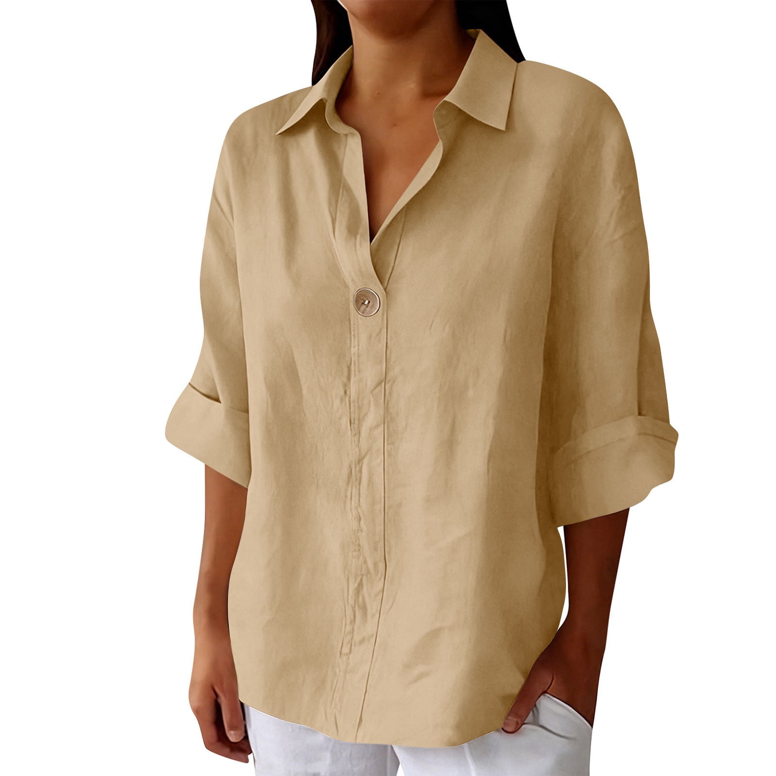 Blusas De Lino Para Mujer Linen Tops for Women 3/4 Sleeve Lapel Collar ...