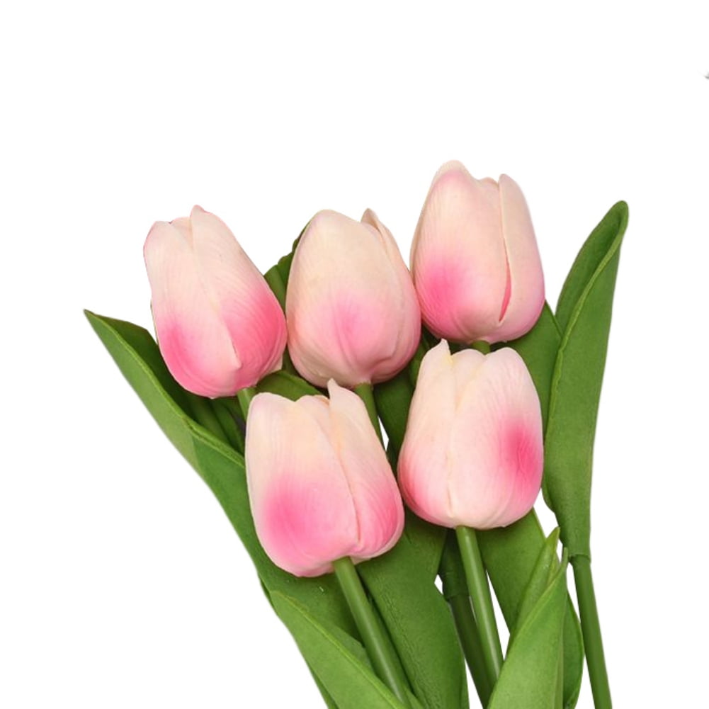 Blush Artificial Tulips Silk Flowers, Long Stem and Green Leaves, Fake ...