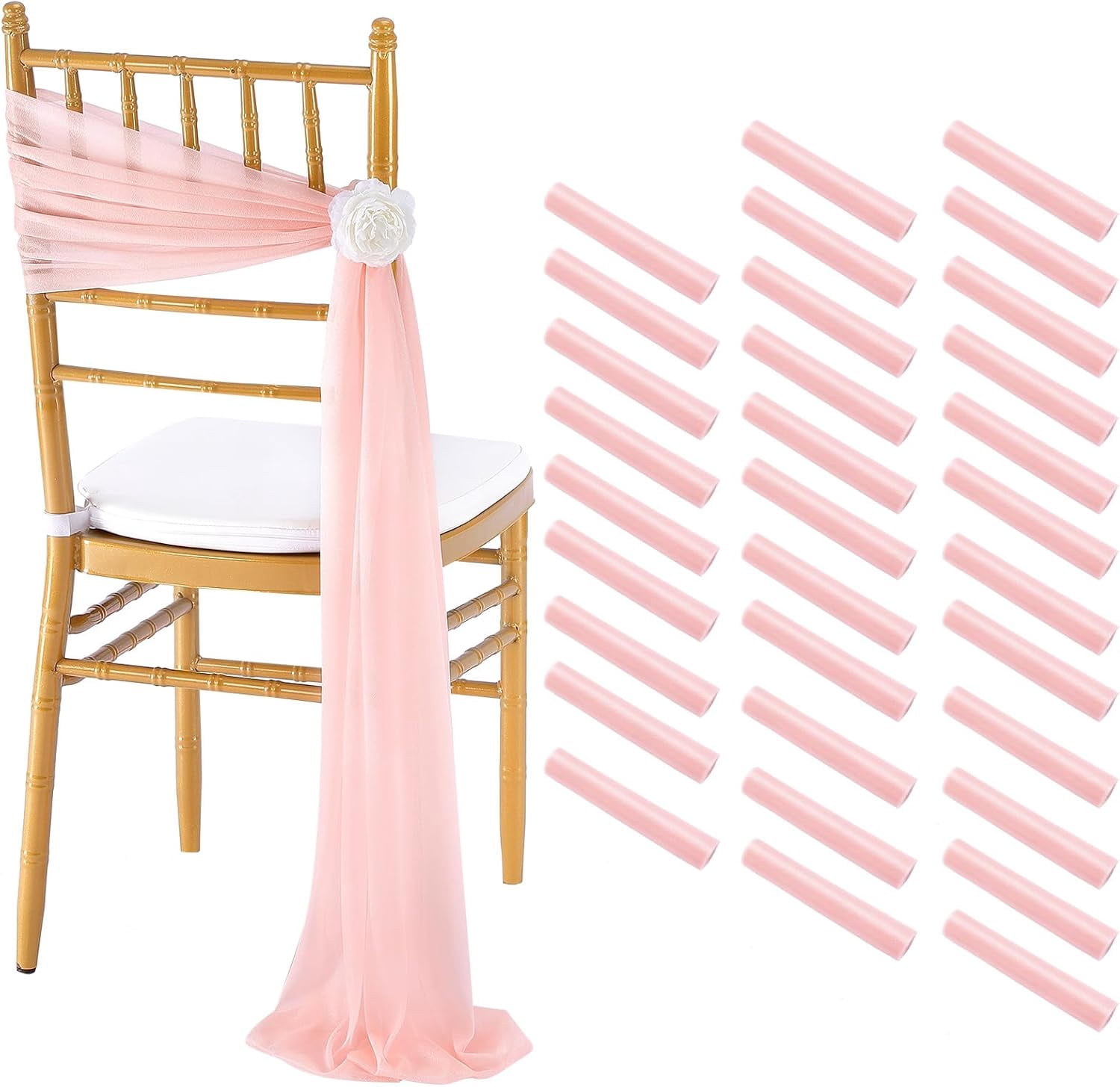 Blush Chair Sashes Wedding Decorations: 32 Pieces 8ft Long Sheer Fabric ...