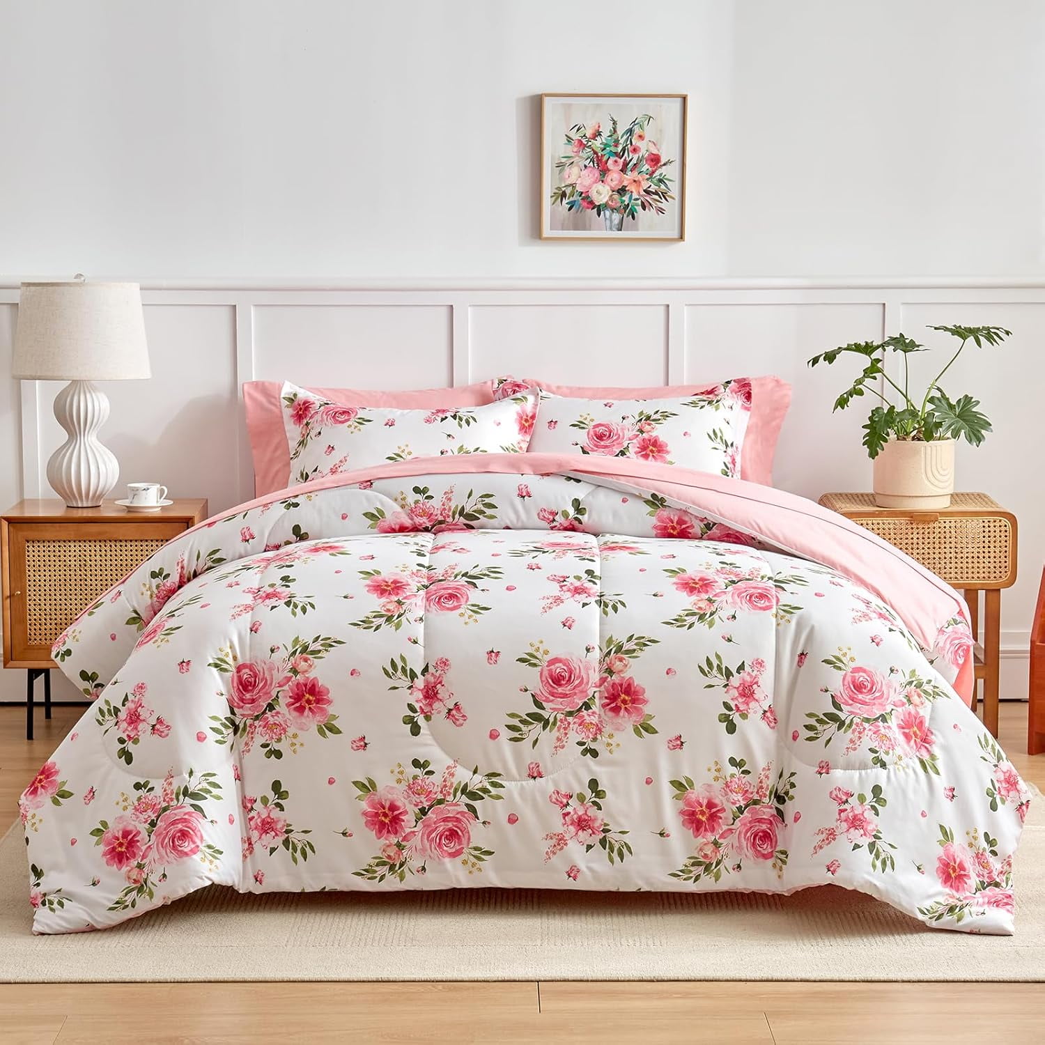 Blush Floral 7-Piece King Bedding Ensemble with Botanical Embroidery ...