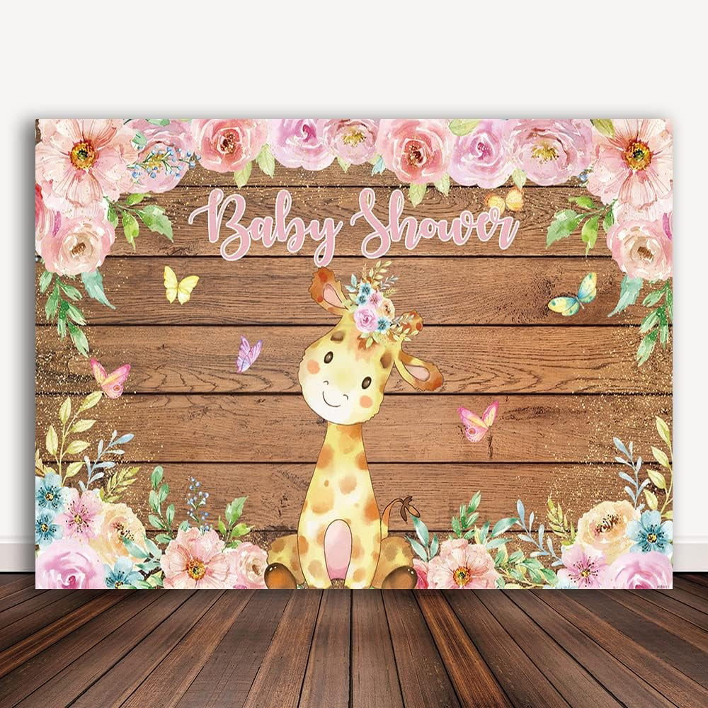 Blush Flower Giraffe Baby Shower Backdrop Wood Butterflies Safari Girl ...