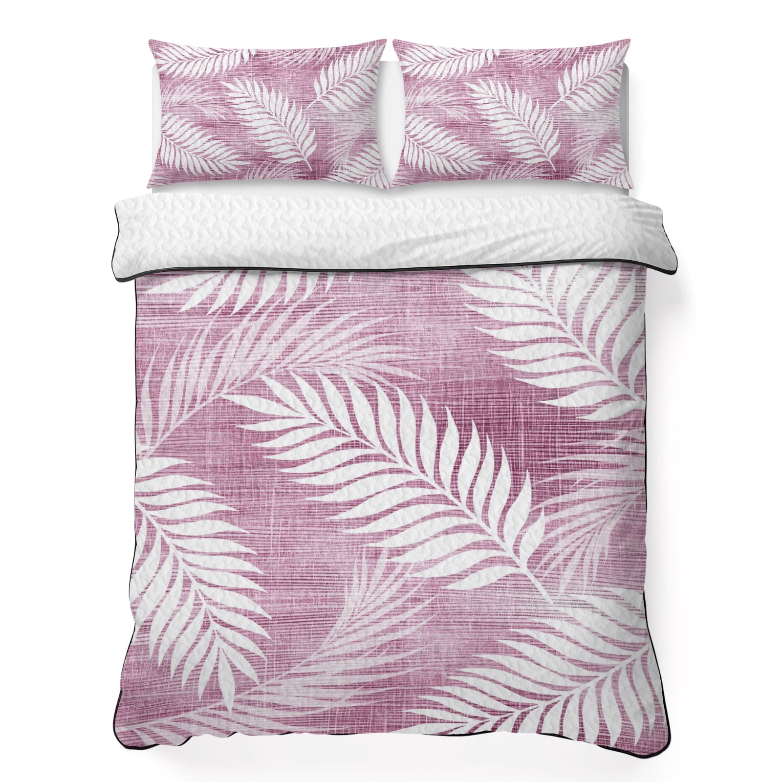 Blush Fronds 3 Piece Quilt Bedding Set with 2 Pillow Shams, Rustic Rose ...