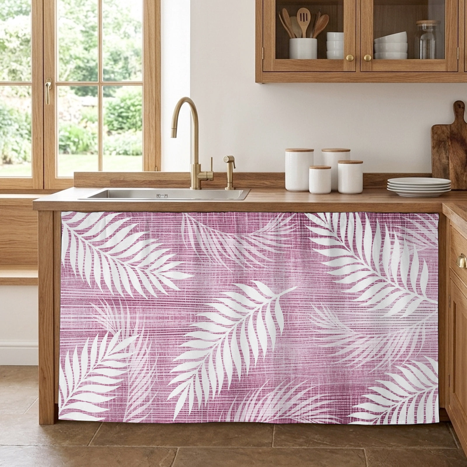 Blush Fronds Cabinet Curtains 28" W x 51" L Rustic Rose Pink Leaf Plant ...