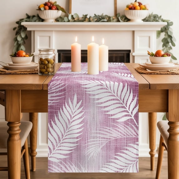 Blush Fronds Dining Table Runner, Rustic Rose Pink Leaf Plant Linen ...