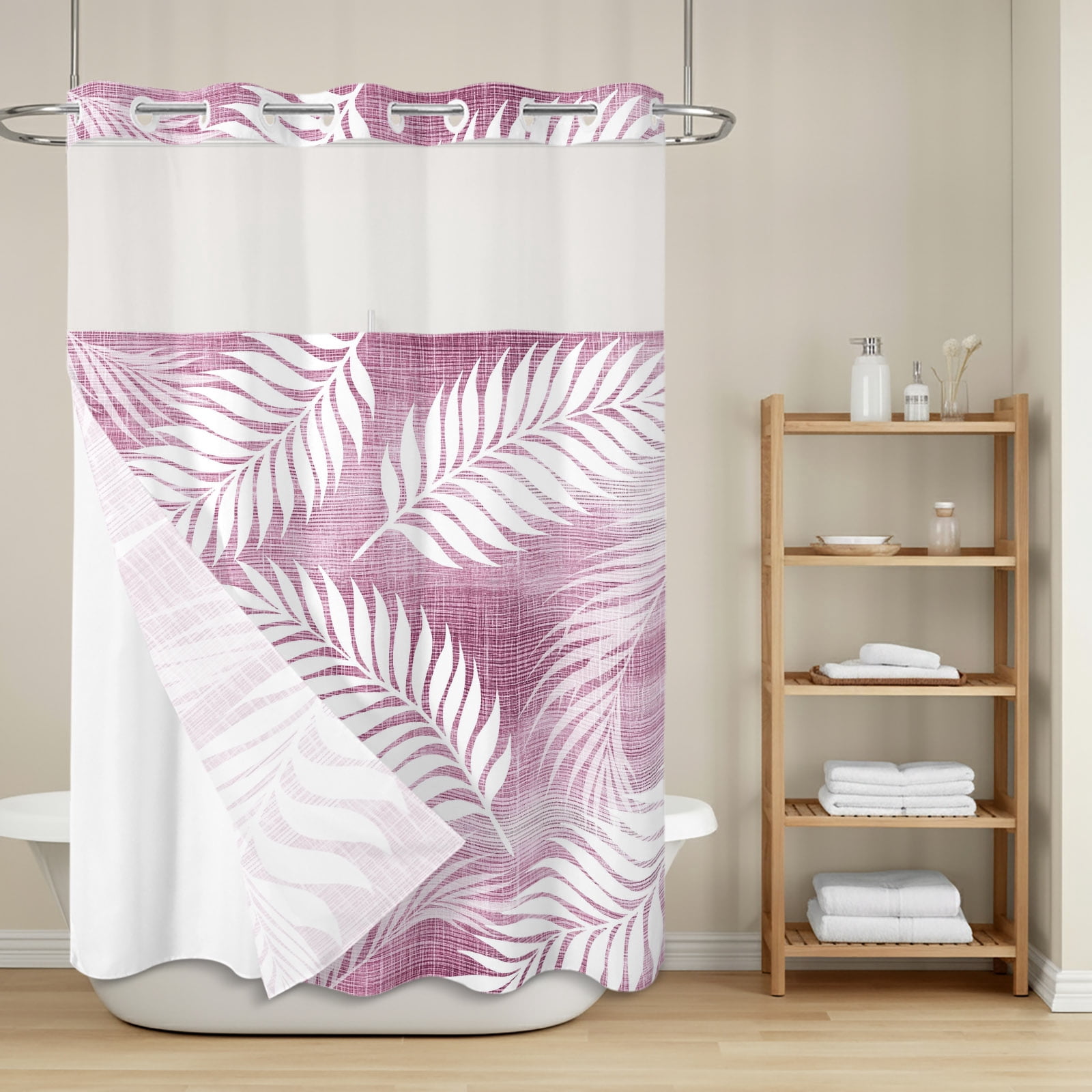 Blush Fronds No Hook Shower Curtain with Snap in Liner, Rustic Rose ...