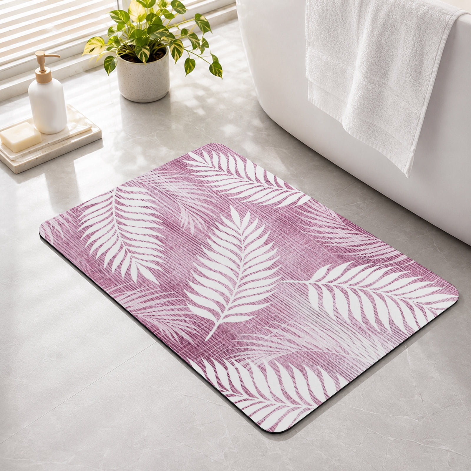 Blush Fronds Non Slip Bathroom Mat, Rustic Rose Pink Leaf Plant Linen ...