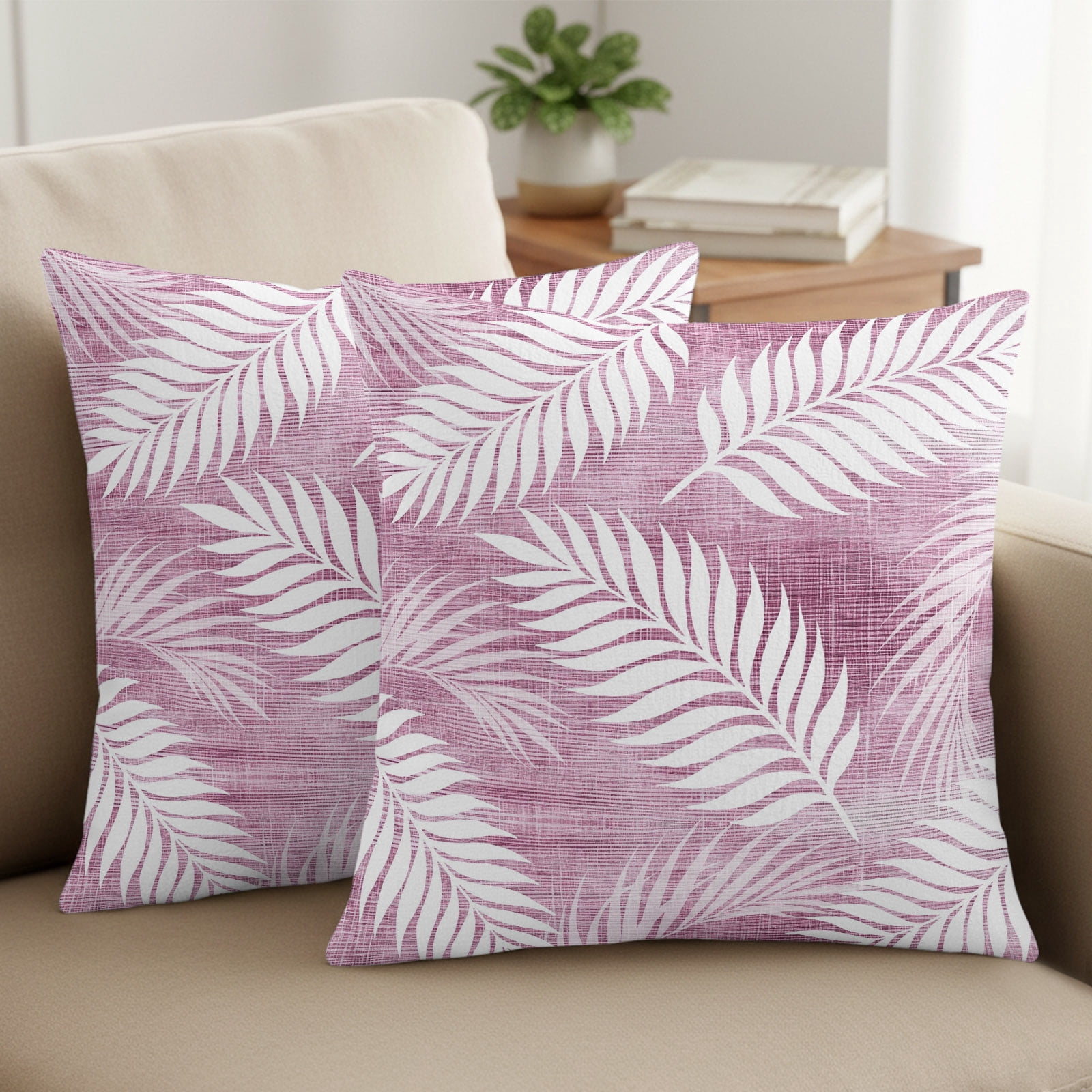 Blush Fronds Pillow Covers Set of 2, Rustic Rose Pink Leaf Plant Linen ...