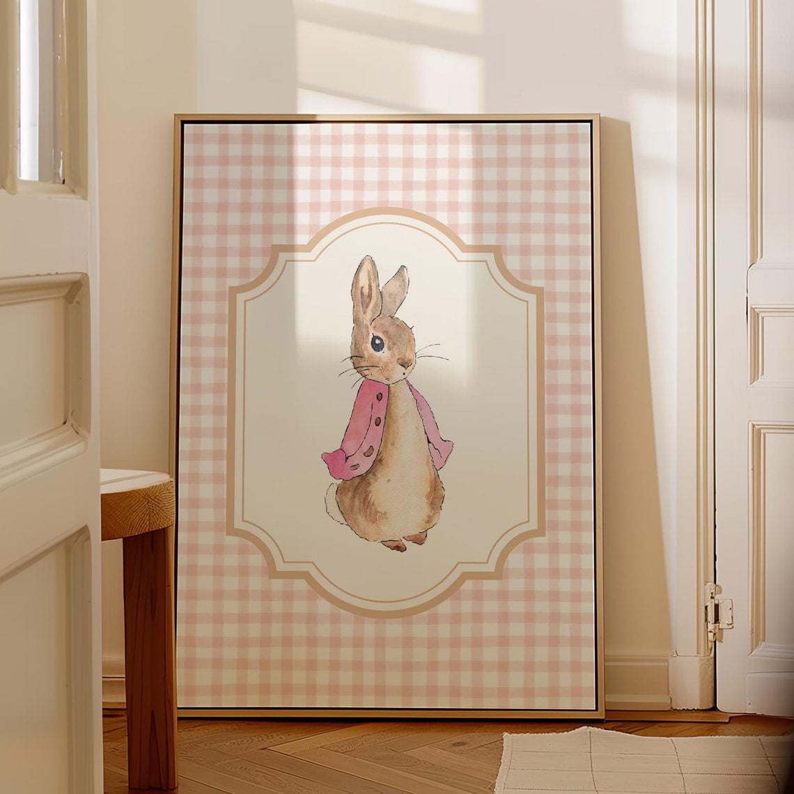 Blush Gingham Pink Flopsy Peter Rabbit Illustration Print, Nursery Decor, Abstract Painting ...