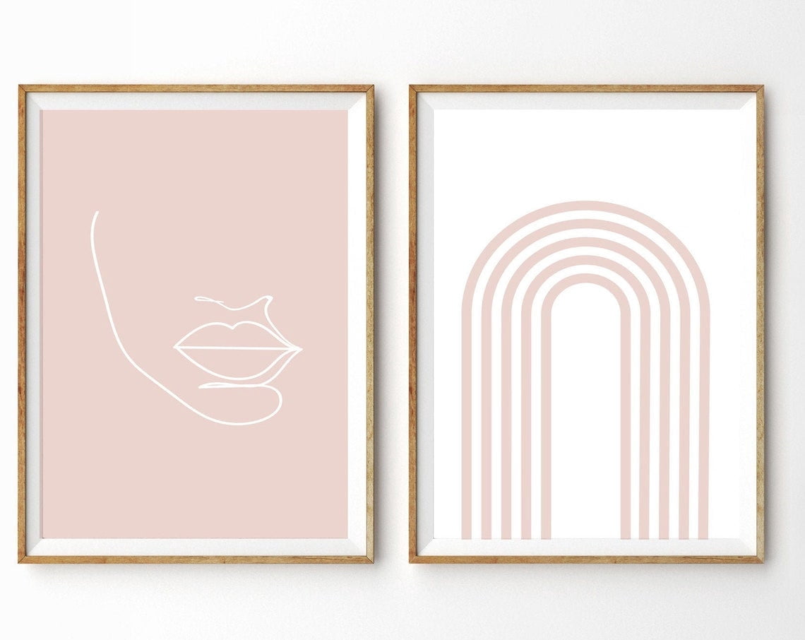 Blush Pink Abstract Prints Art Face Line Art Arch Modern Rainbow Art ...