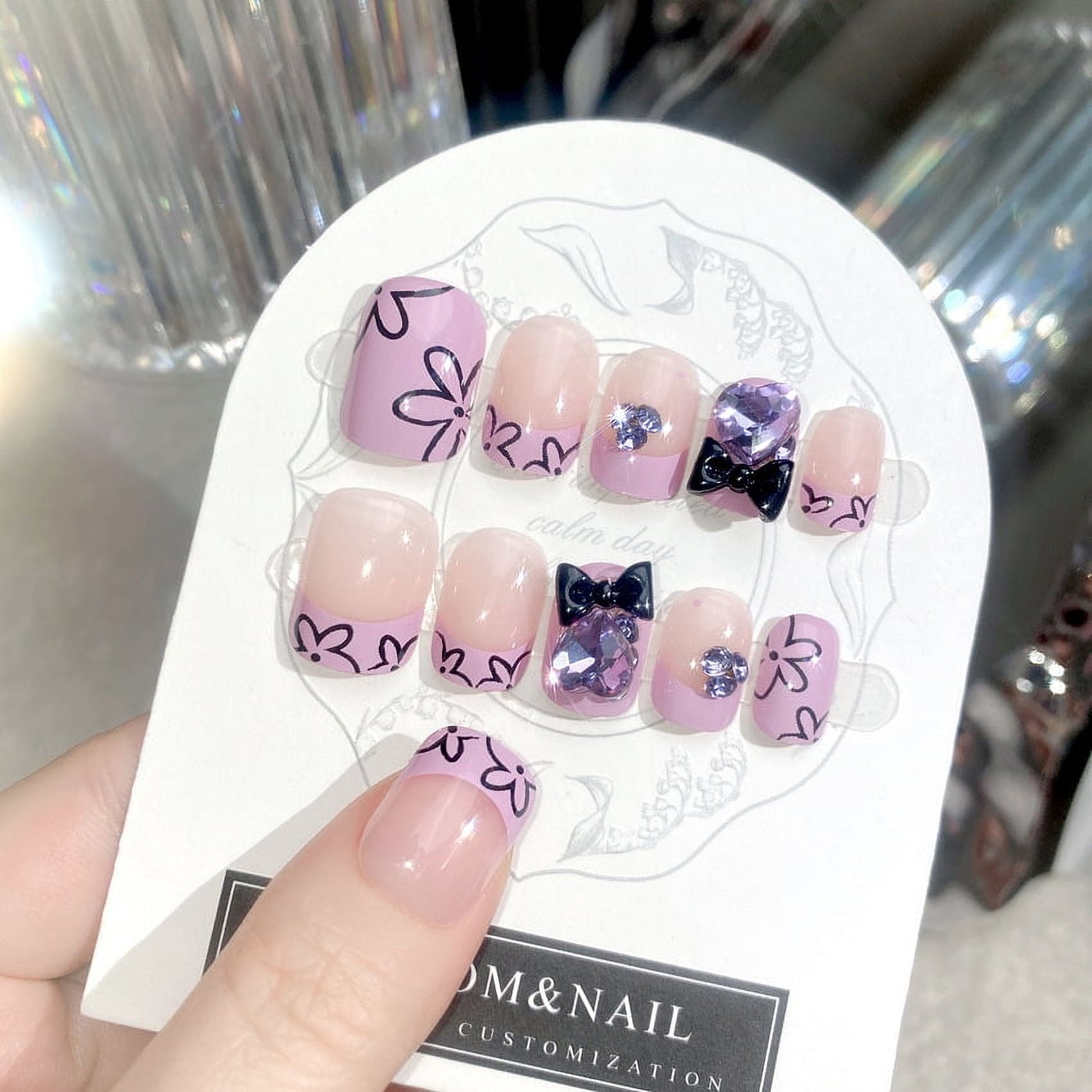 Blush Pink False Nails Bowknot Diamond Pearl 3D Design Press on Nail ...