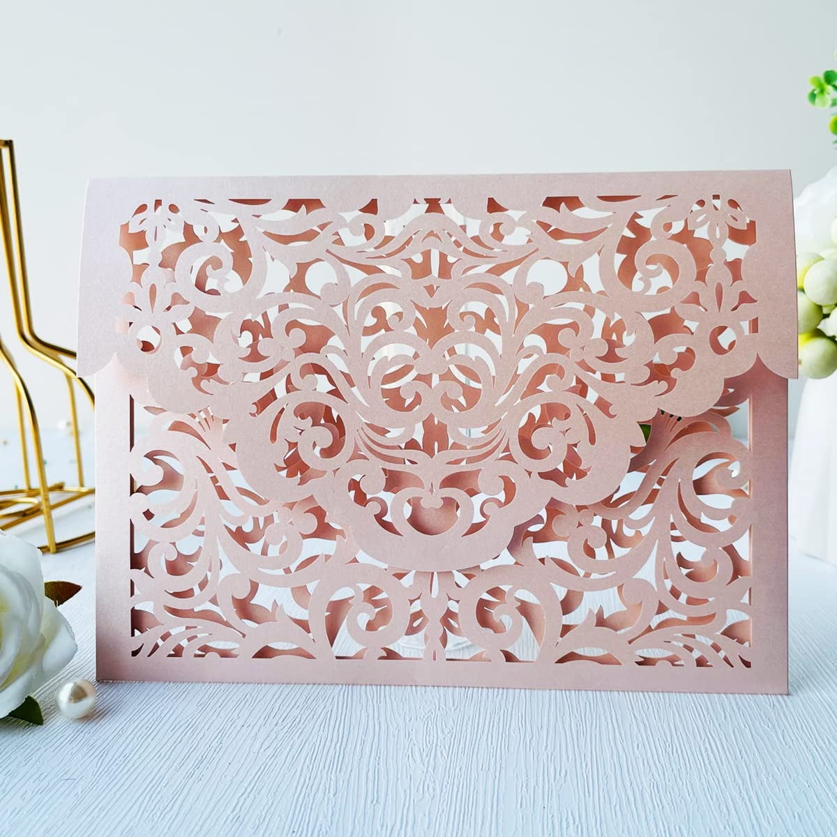 Blush Pink Flora Blank Laser Cut invitations Pocket with Envelopes ...