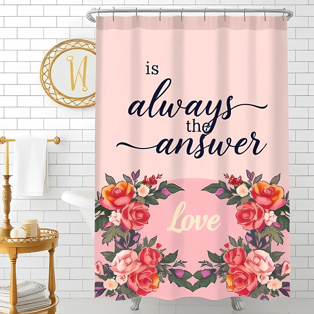 Blush Pink Floral Shower Curtain with Heart Design - "Love is Always ...