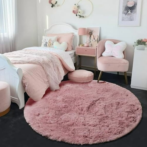 Blush Pink Fluffy Round Rug 4Ft for Bedroom, Fuzzy Furry Circle Area ...